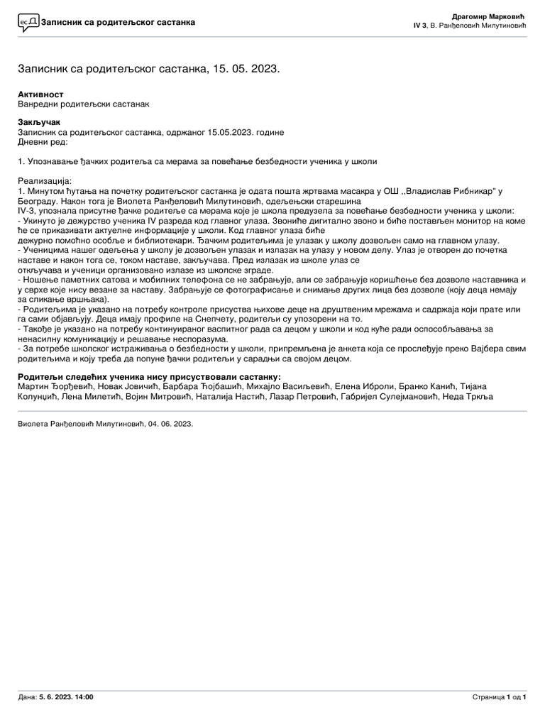 IV 3 - Zapisnik Sa Roditeljskog Sastanka (15. 5. 2023.) | PDF