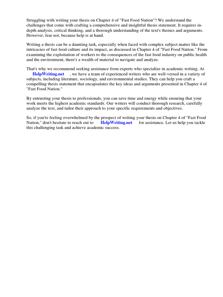Fast Food Nation Chapter 4 Thesis | PDF | Fast Food | Food Industry