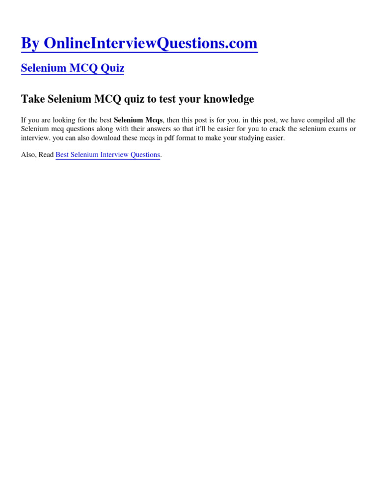 Selenium MCQ | PDF | Selenium (Software) | Information Technology Selenium MCQ | PDF | Selenium (Software) | Information Technology
