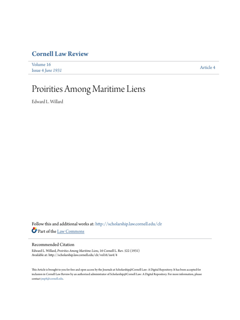 Proirities Among Maritime Liens | PDF | Admiralty Law | Lien