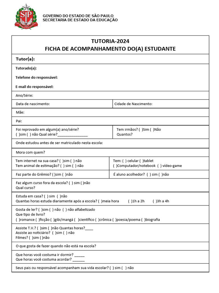 Ficha de Tutoria 2024 Anos Iniciais | PDF