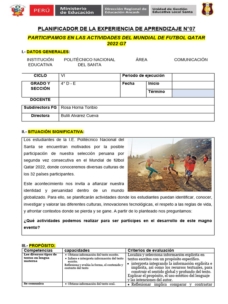 Planificador de La Experiencia de Aprendizaje | PDF | Evaluación | Aprendizaje