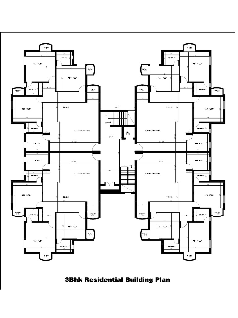 3Bhk Residential Building Plan | PDF