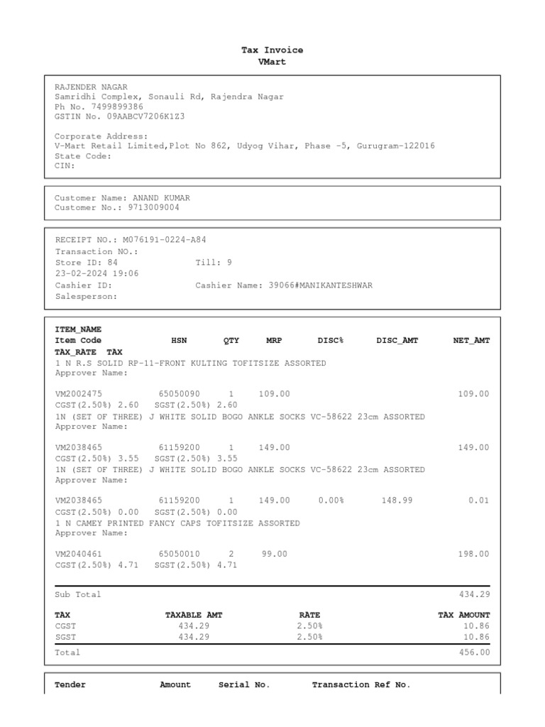 V-Mart Tax Invoice for Anand Kumar | PDF | Receipt | Money