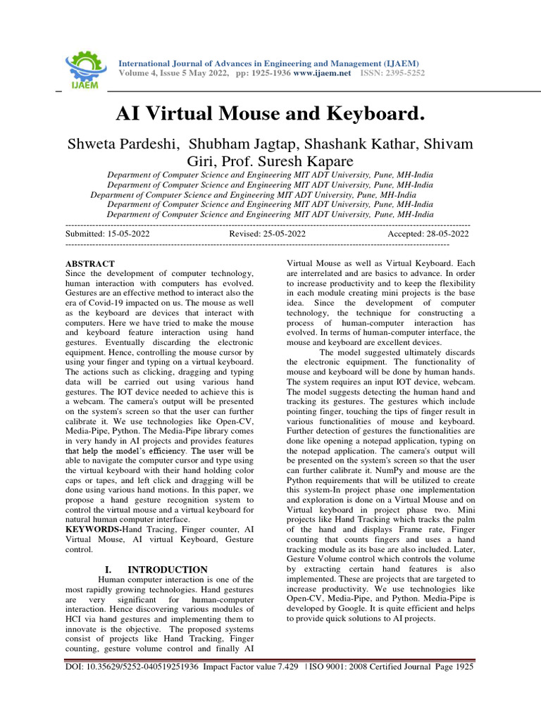 AI Virtual Mouse and Keyboard | PDF | Computer Keyboard | Computer Vision