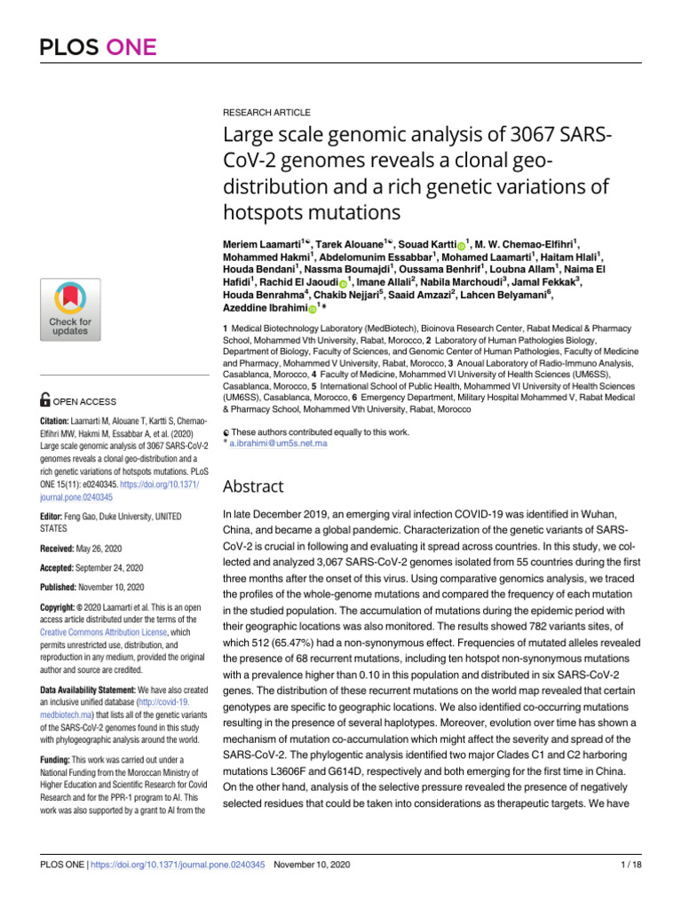 Large Scale Genomic Analysis of 3067 Sars-Cov-2 Genomes Reveals A ...