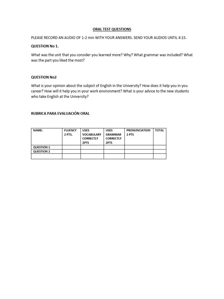 Oral Test Instructions and Evaluation | PDF