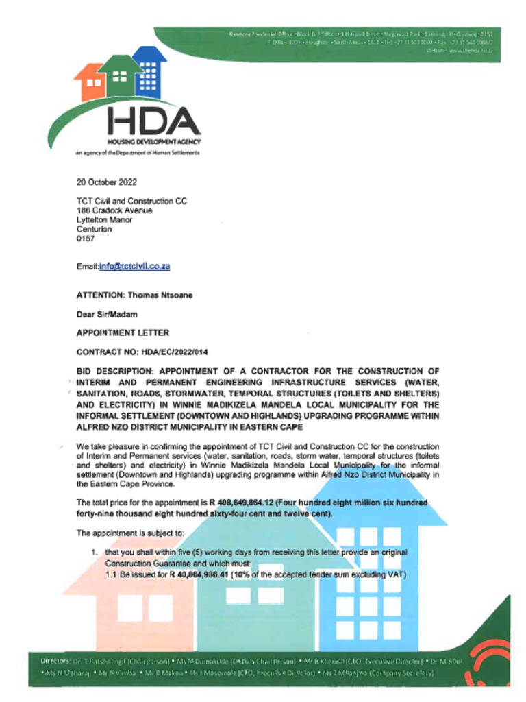 Appointment Letter For Appointment of Contractor For UISP For Alfred | PDF