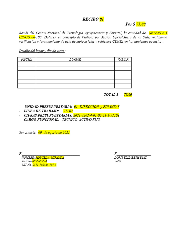 RECIBO VIATICOS 2021 | PDF