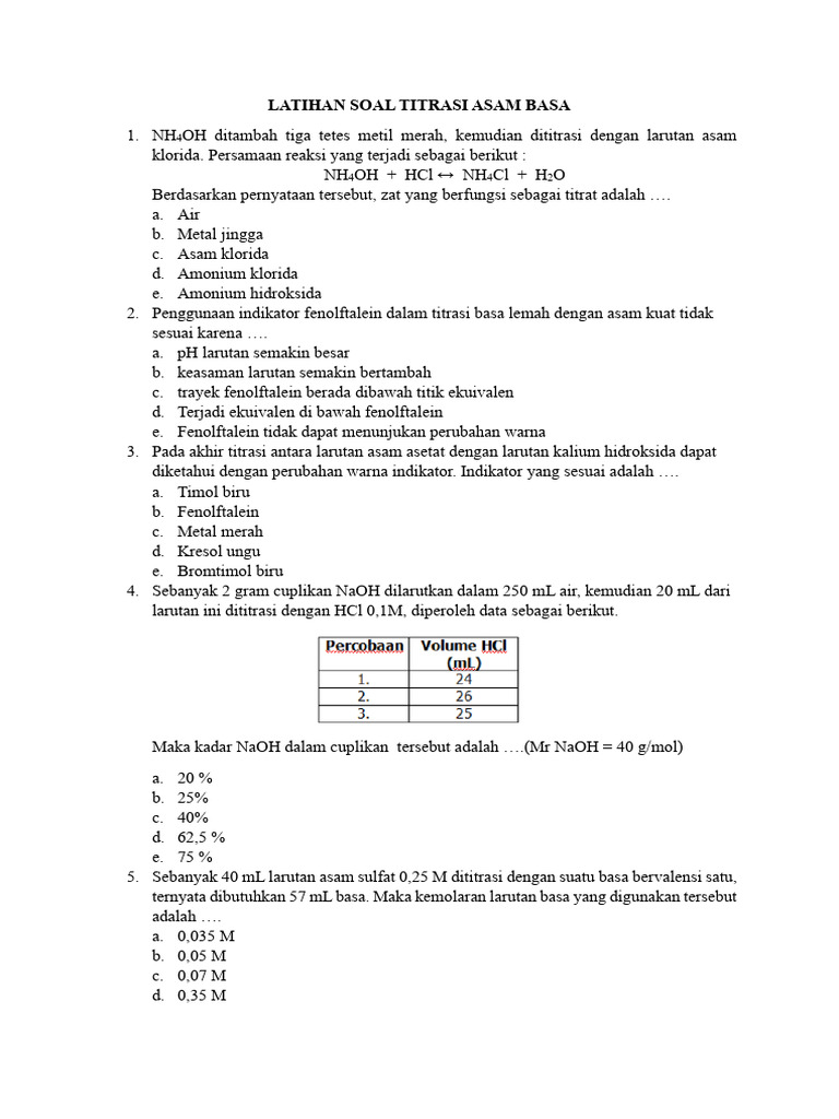 Latihan Soal Titrasi Asam Basa 2024 | PDF Latihan Soal Titrasi Asam Basa 2024 | PDF