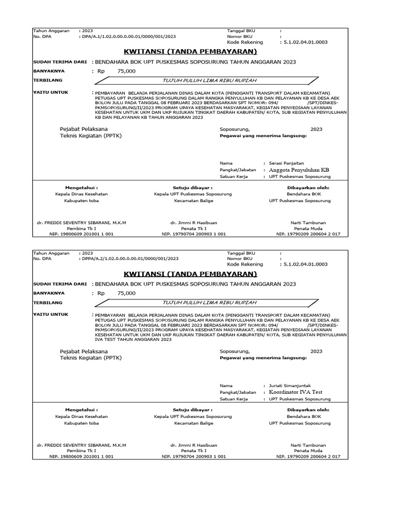 Kwitansi Kecil Perjalanan Dinas 2023 | PDF