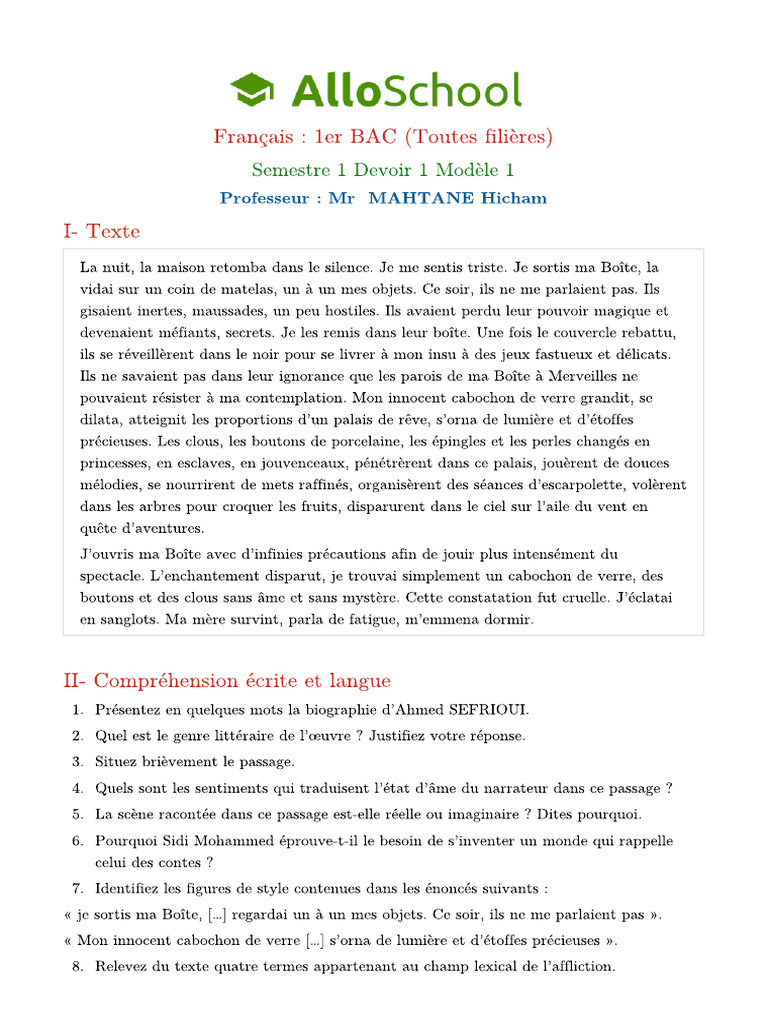 Francais 1bac Semestre 1 Devoir 1 Modele 1 12 | PDF