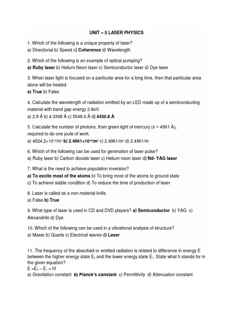 UNIT V - Applied Optics - LASER Physics MCQ | PDF | Laser | Atomic