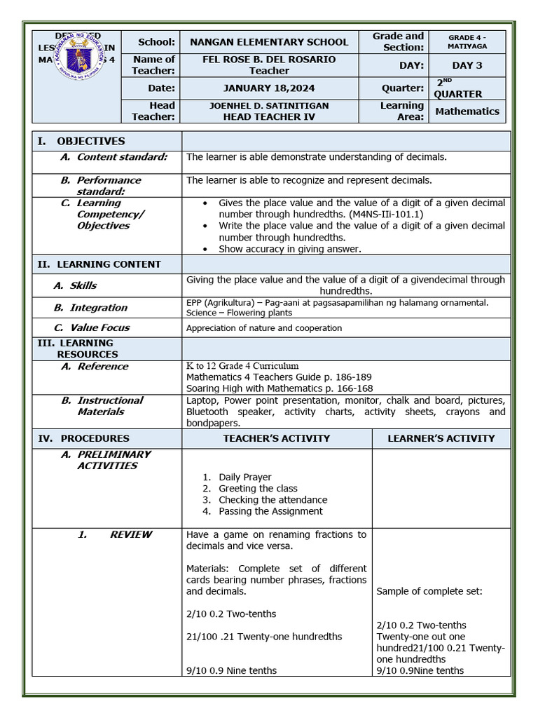 Grade 4 Decimal Place Value Lesson Plan | PDF | Learning | Decimal