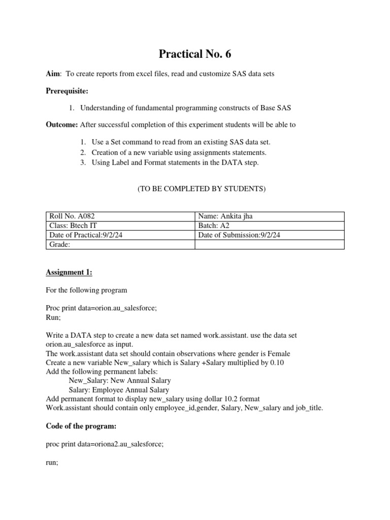 Practical No 6 A082 | Download Free PDF | Sas (Software) | Microsoft Excel