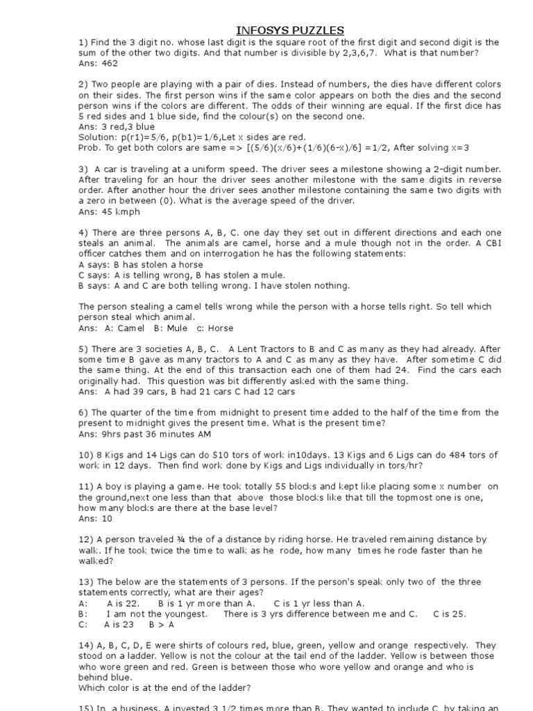 120 Infosys Puzzles | PDF