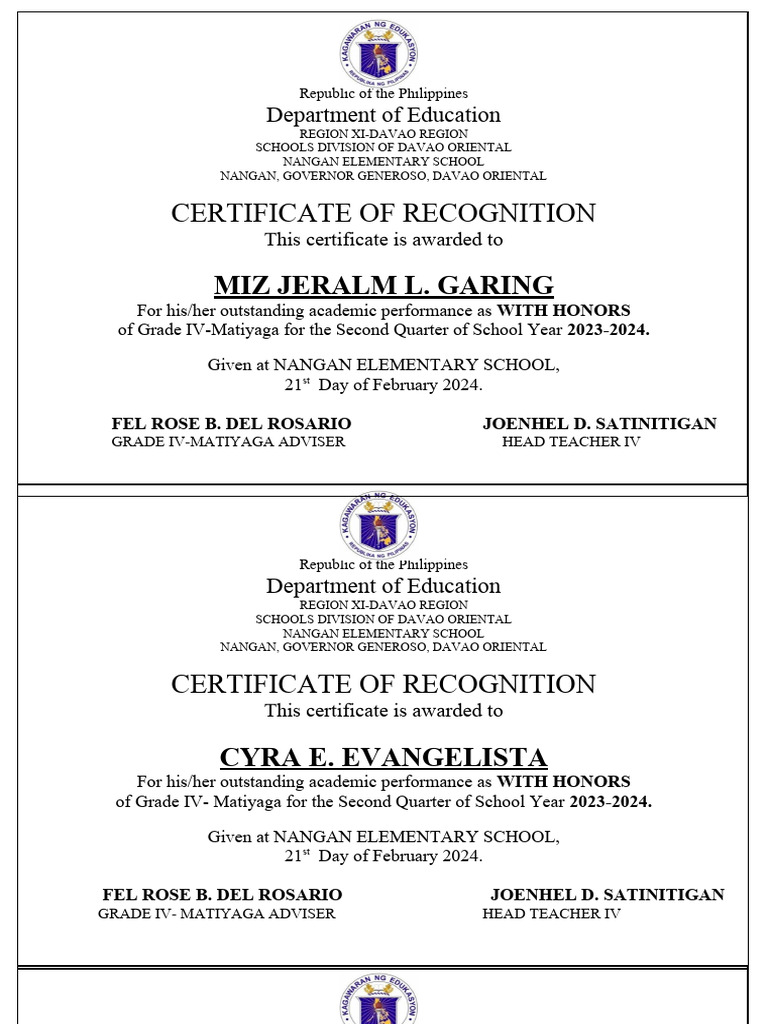 Certificate of Honors Sy 2023 2024 | PDF | Government | Public ...