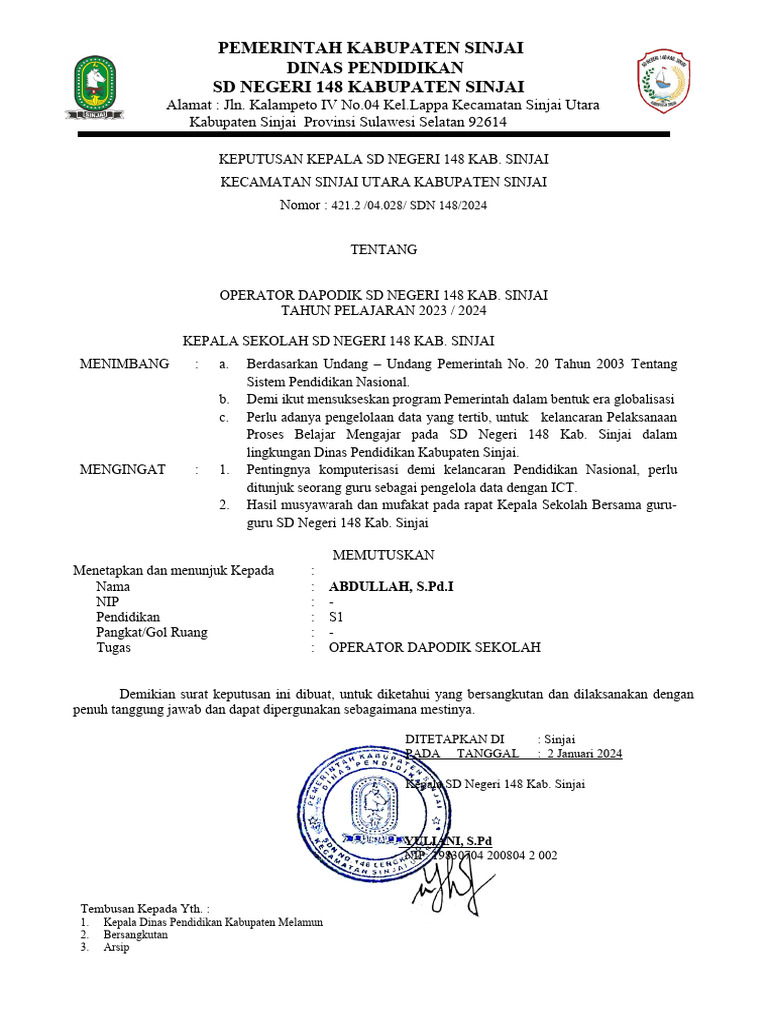 SK Penunjukan Operator Dapodik SDN 148 | PDF