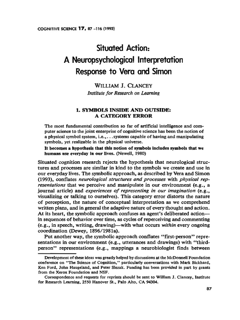 Clancey1993 Situated Action | PDF | Cognitive Science | Perception