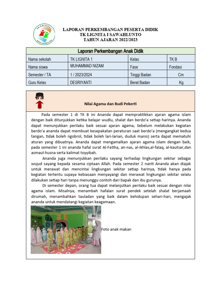 contoh LAPORAN PERKEMBANGAN PESERTA DIDIK | PDF