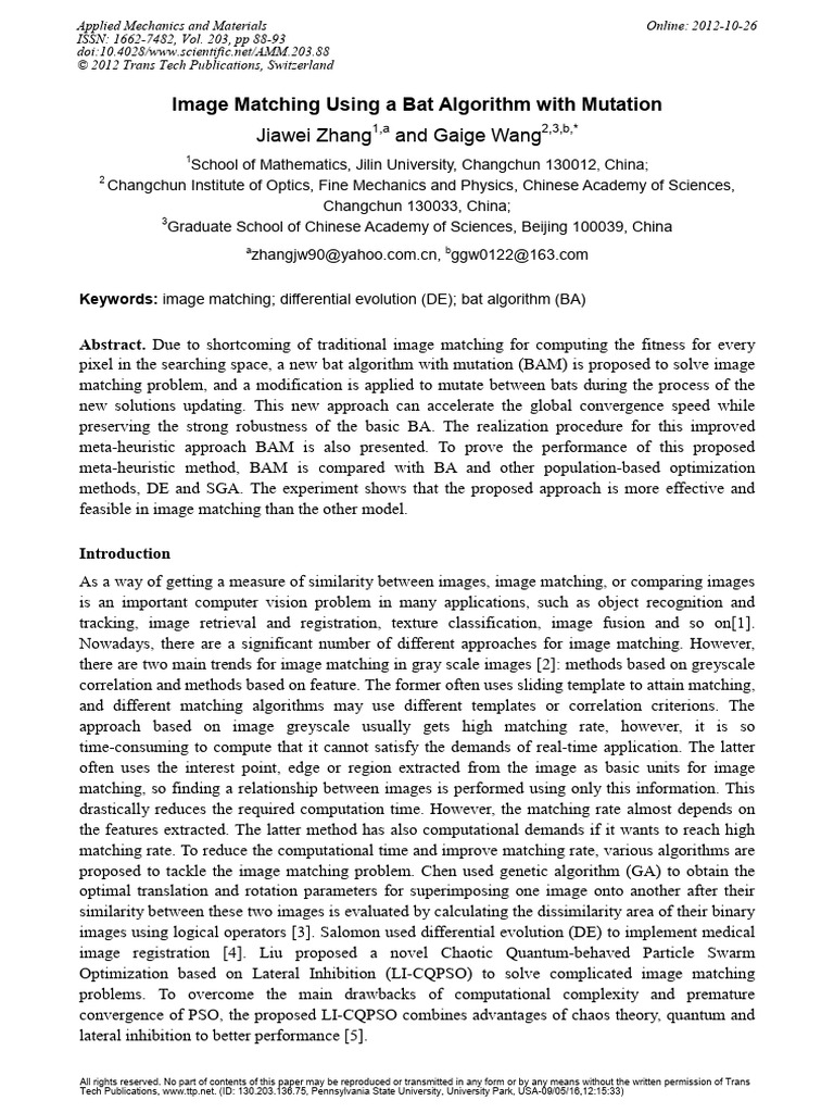 Image Matching Using A Bat Algorithm With Mutation: Jiawei Zhang and Gaige Wang | PDF ...