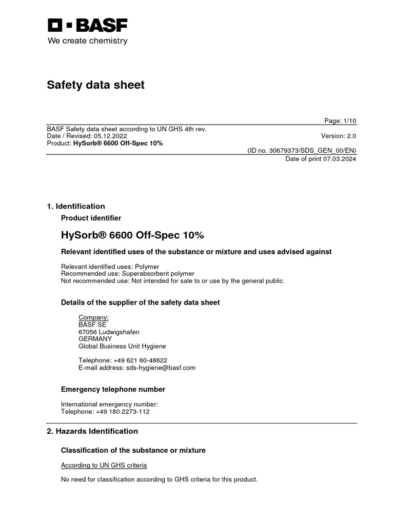 HySorb+6600+Off-Spec+10% 000000000030679373 SDS GEN 00 en 2-0 | PDF ...