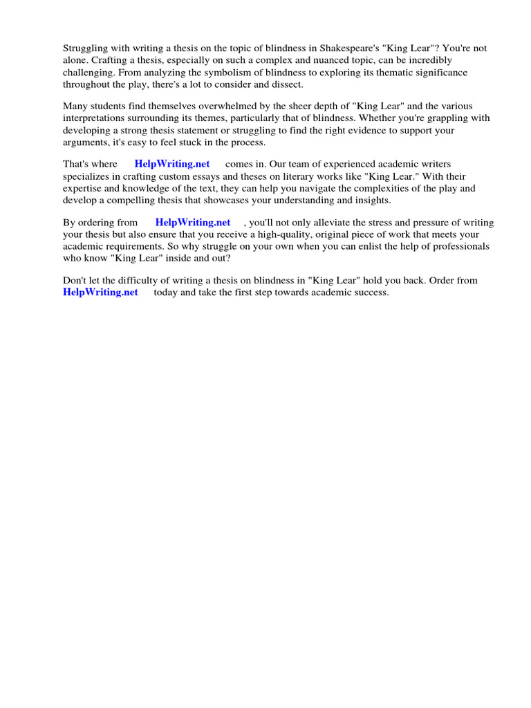 Blindness Thesis King Lear | PDF | King Lear | William Shakespeare