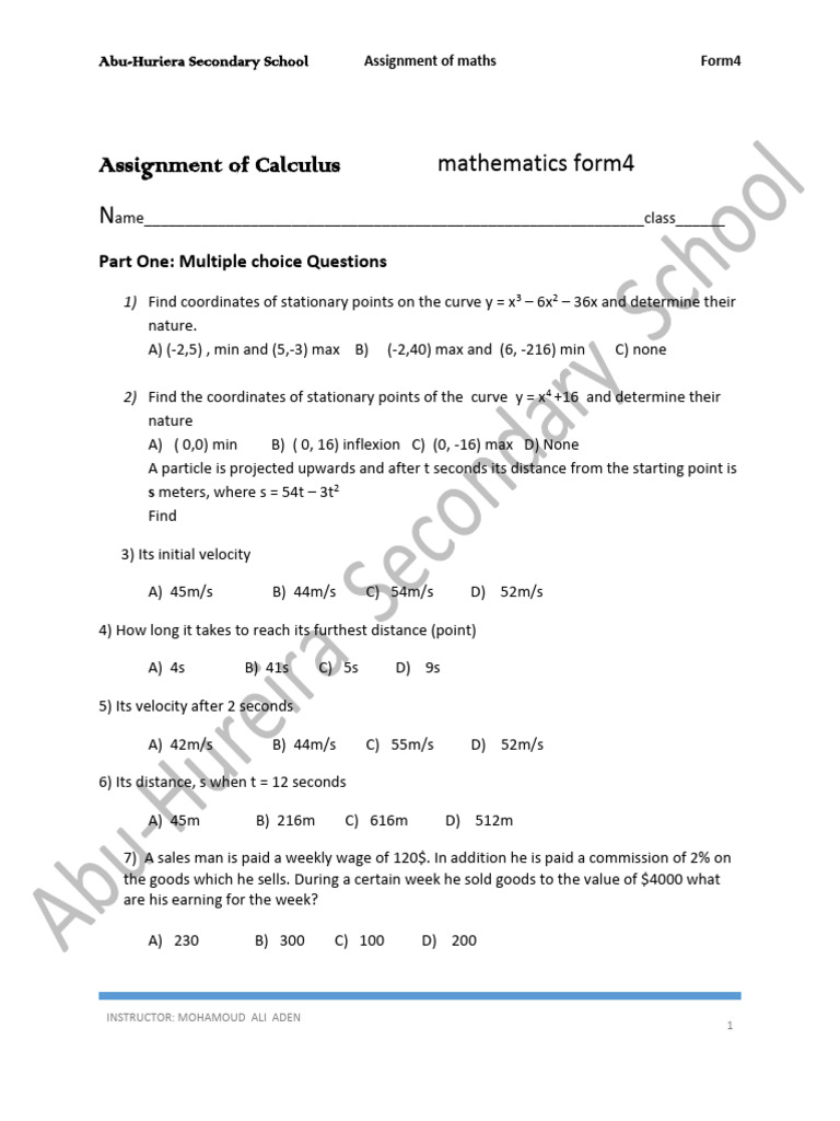 Assignment of Calculuss | PDF | Acceleration | Physics