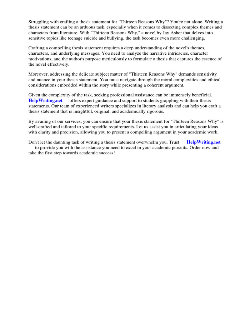 Thesis Statement For Thirteen Reasons Why | PDF | Essays | Thesis