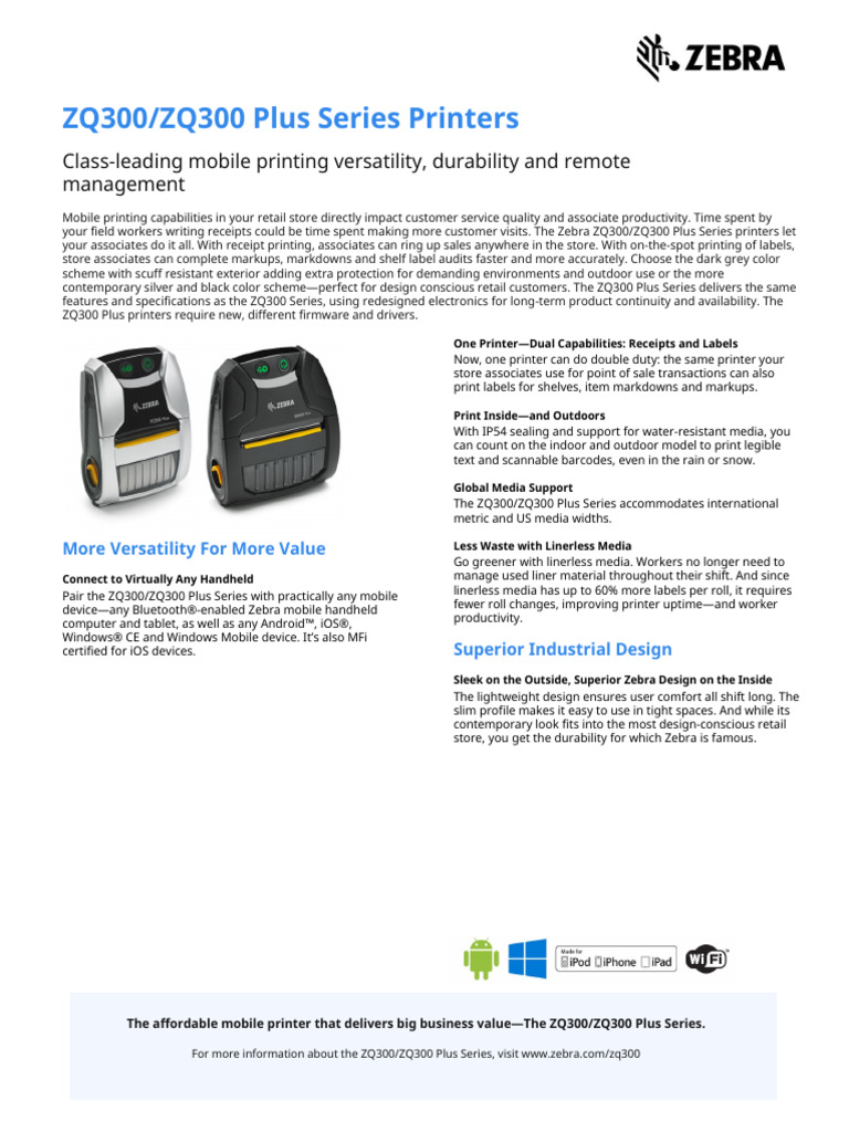 zq300 Series Spec Sheet en Us | PDF | Bluetooth | Information And ...