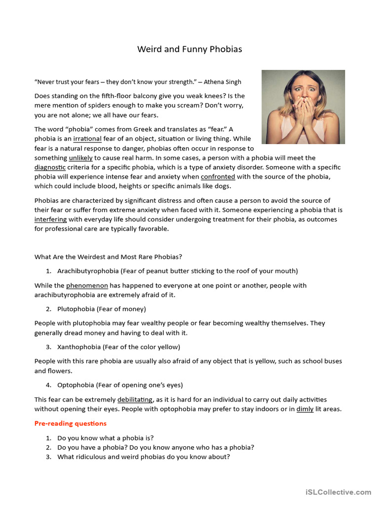 Weird and Funny Phobias (full lesson material) | PDF | Phobia | Anxiety ...