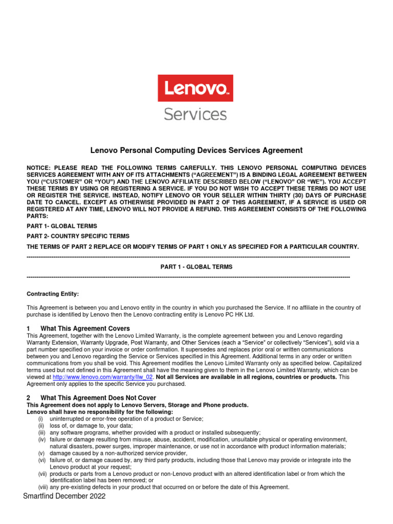 Lenovo Personal Computing Services Agreement | PDF | Lenovo | Smartphone