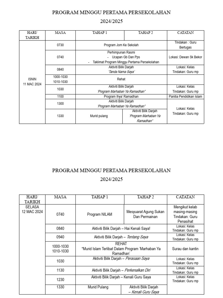 Program Minggu Pertama Persekolahan | PDF