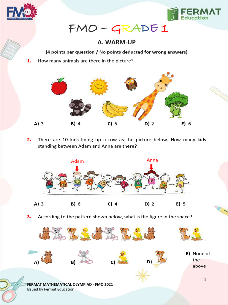 FMO 2021 Grade 1 Math Olympiad Questions | PDF