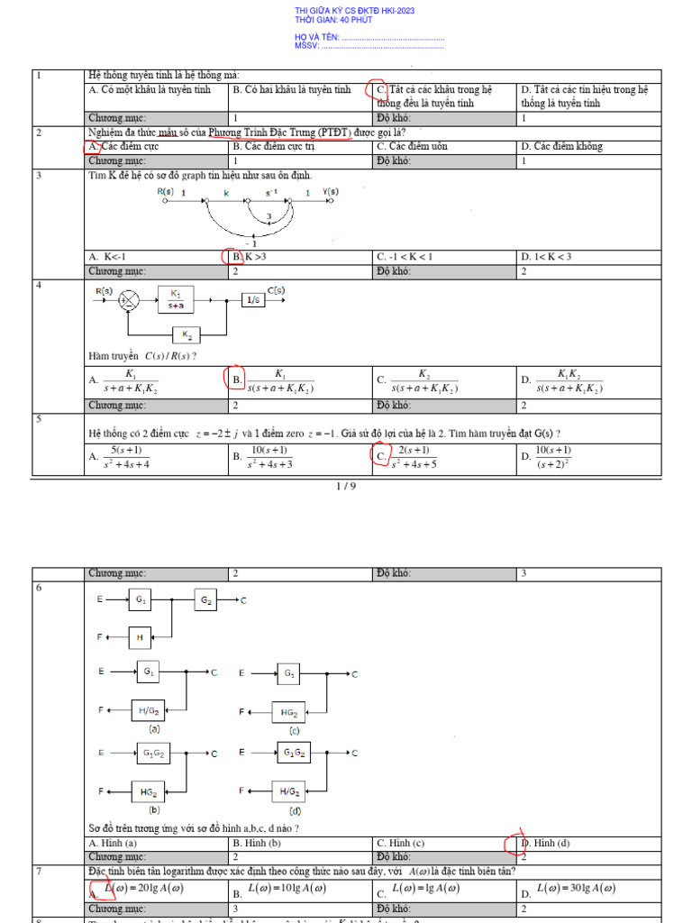 HKI 2023 Co-So-Dieu-Khien-Tu-Dong Tracnghiem Ang-Gi I | PDF