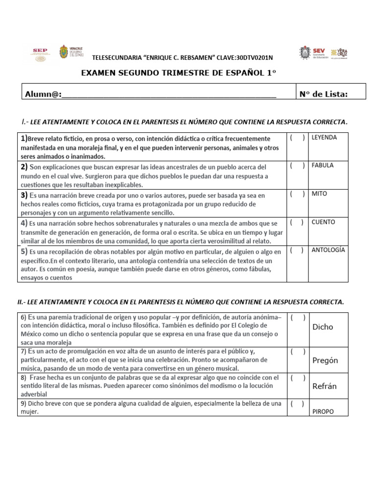 Examen de Español 1° Telesecundaria | PDF