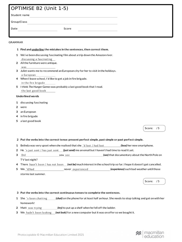 Optimise B2 Unit 1-5 Test Answers | PDF