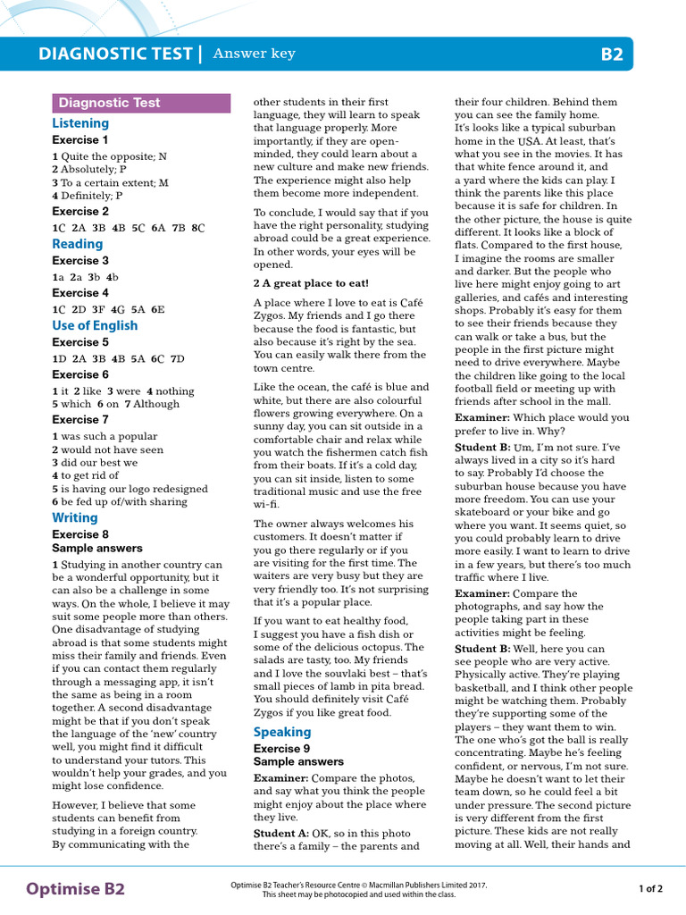 Optimise B2 Diagnostic Test Answers | PDF