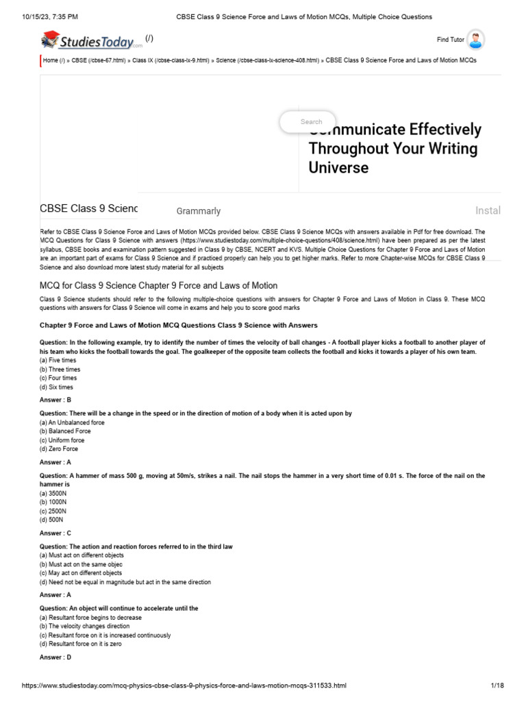MCQ - Class 9 - Physics - Force and Laws of Motion | PDF | Gases | Force