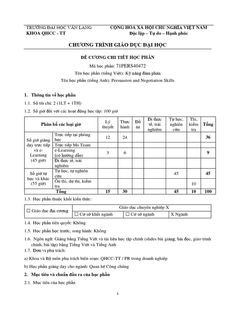 De Cuong Chi Tiet Mon Hoc - K Năng Đàm Phán - HK1 2023 | PDF