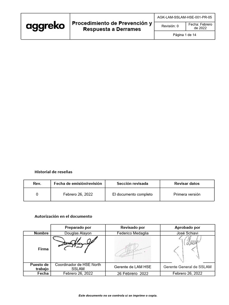 AGK-LAM-SSLAM-HSE-001-PR-05 Procedimiento de Prevención y Respuesta A Derrames | PDF ...
