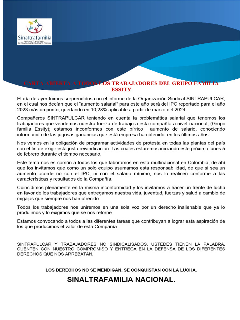 Carta Abierta A Todos Los Trabajadores Del Grupo Familia Essity | PDF ...