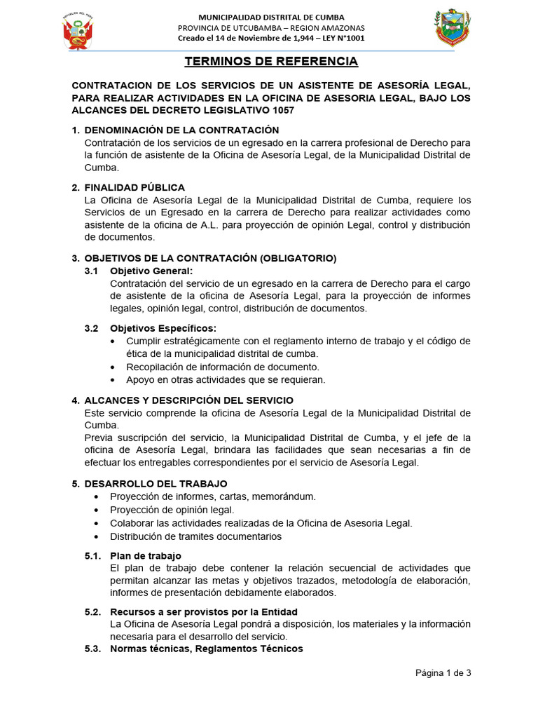 TDR - ASISTENTE DE ASESORÍA LEGAL Yoiner | PDF | Contabilidad | Gobierno