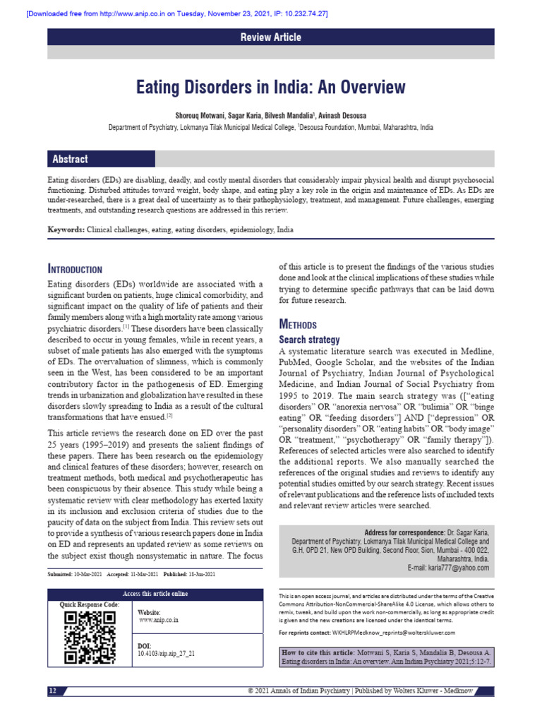 Overview of Eating Disorders in India | PDF | Eating Disorder | Mental ...