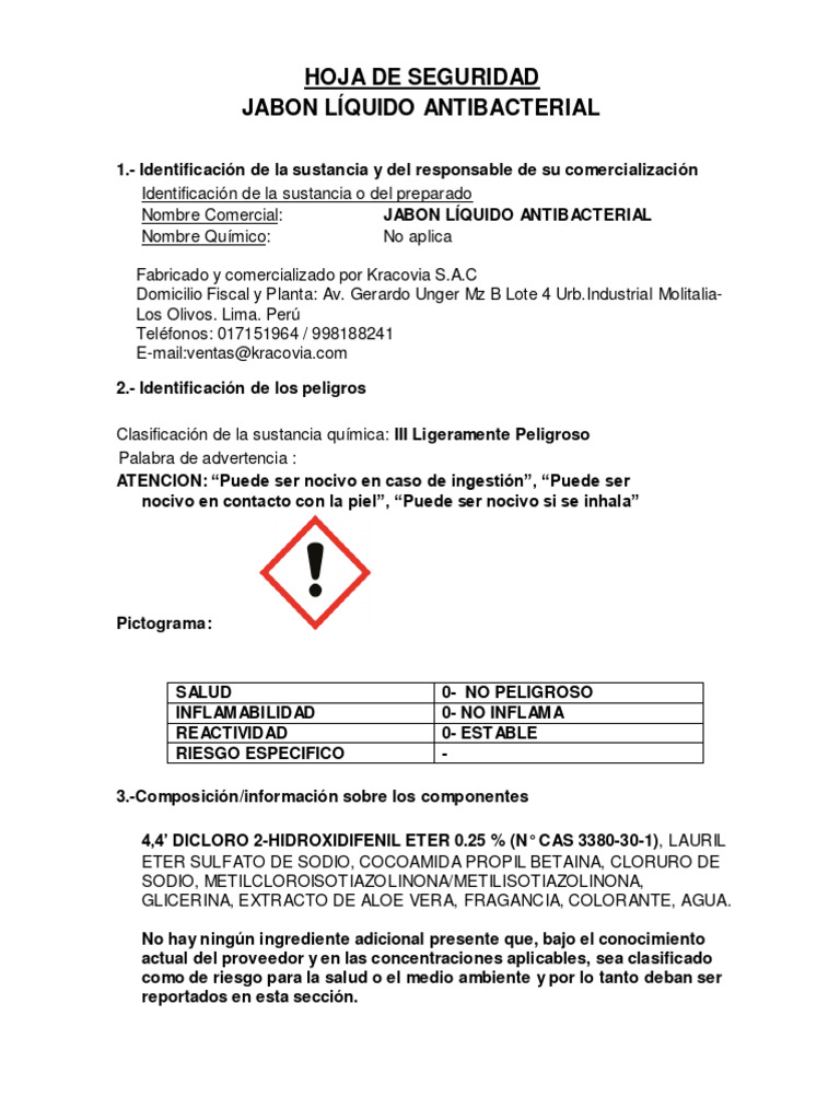 Hoja de Seguridad Jabon Liquido Antibacterial PR14187 | PDF | Agua | Dióxido de carbono
