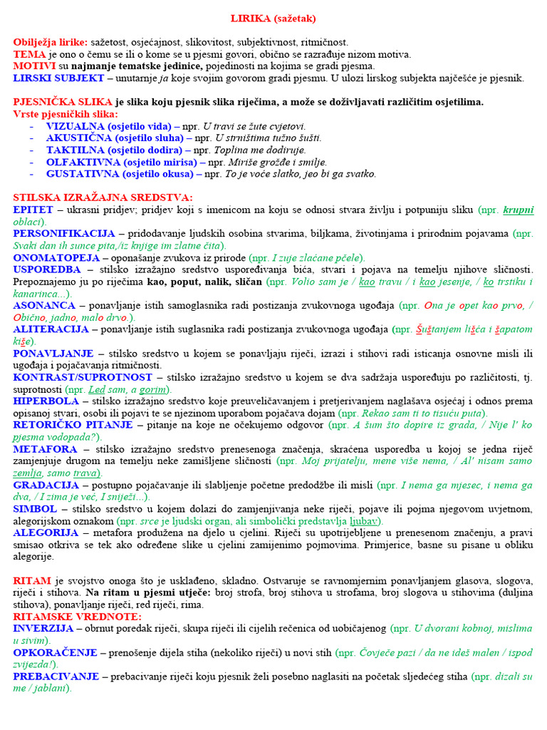 Lirika - Podsjetnik Za Uenike | PDF