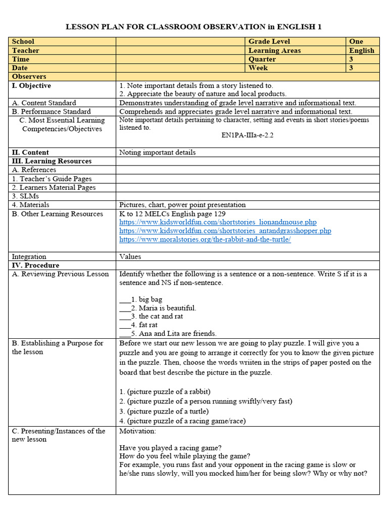 Classroom Observation Lesson Plan: English 1 | PDF | Lesson Plan | Learning