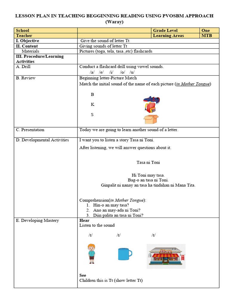Lesson Plan in Mtb(Pvosbm Approach) | PDF | Lesson Plan | Pedagogy