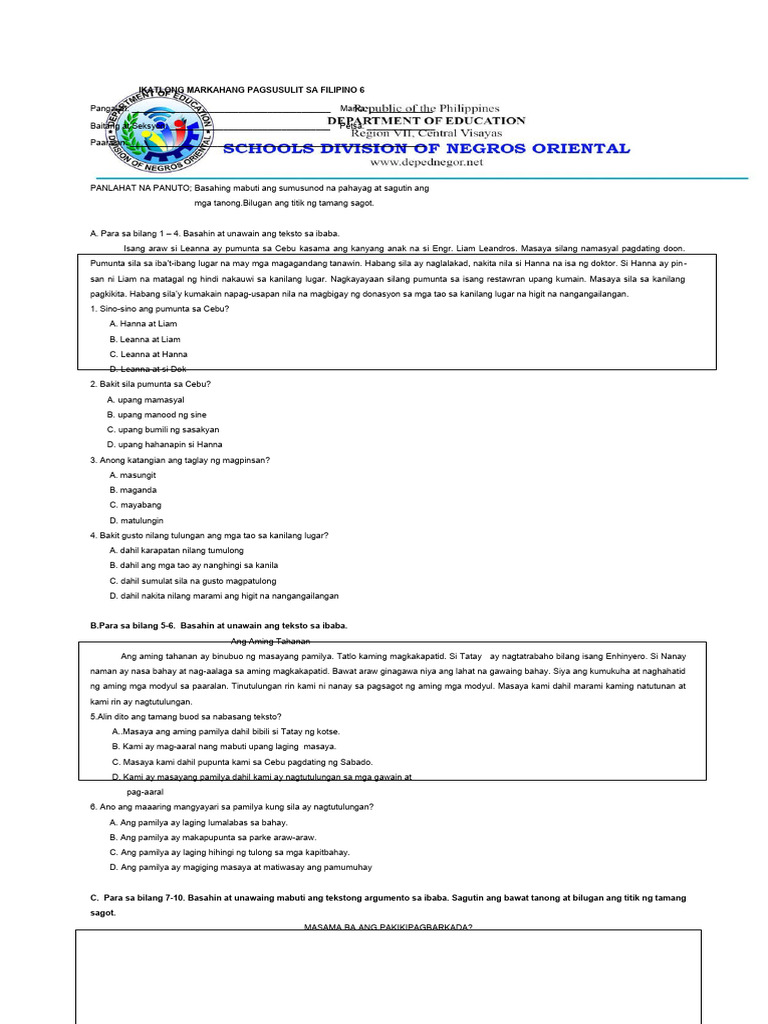 Q3 Filipino 6 Assessment Final | PDF