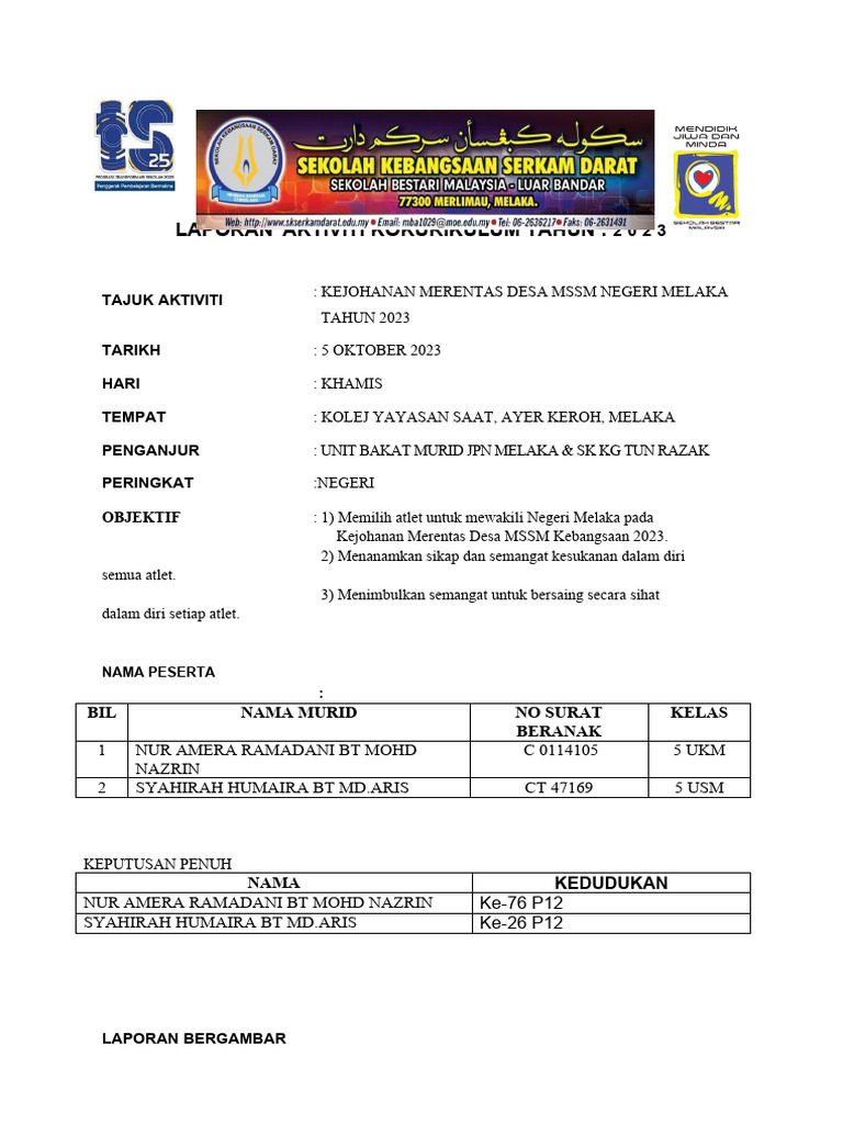 Laporan Merentas Desa MSSM Melaka 2023 | PDF